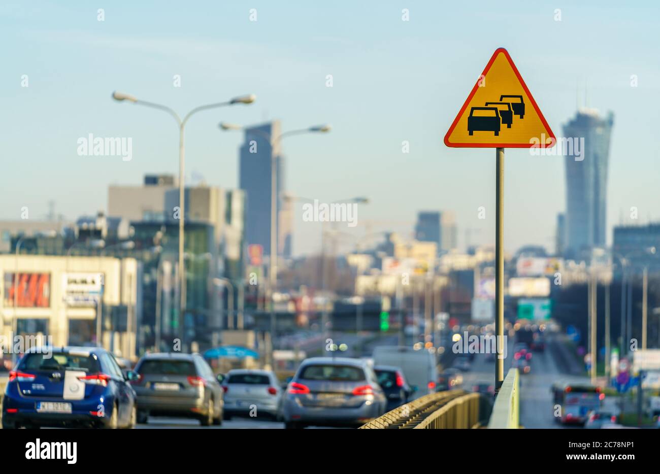 Traffic jam in Warsaw, traffic jams road sign Stock Photo - Alamy