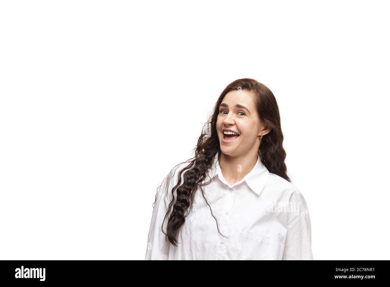 Trolling. Young caucasian woman with funny, unusual popular emotions ...