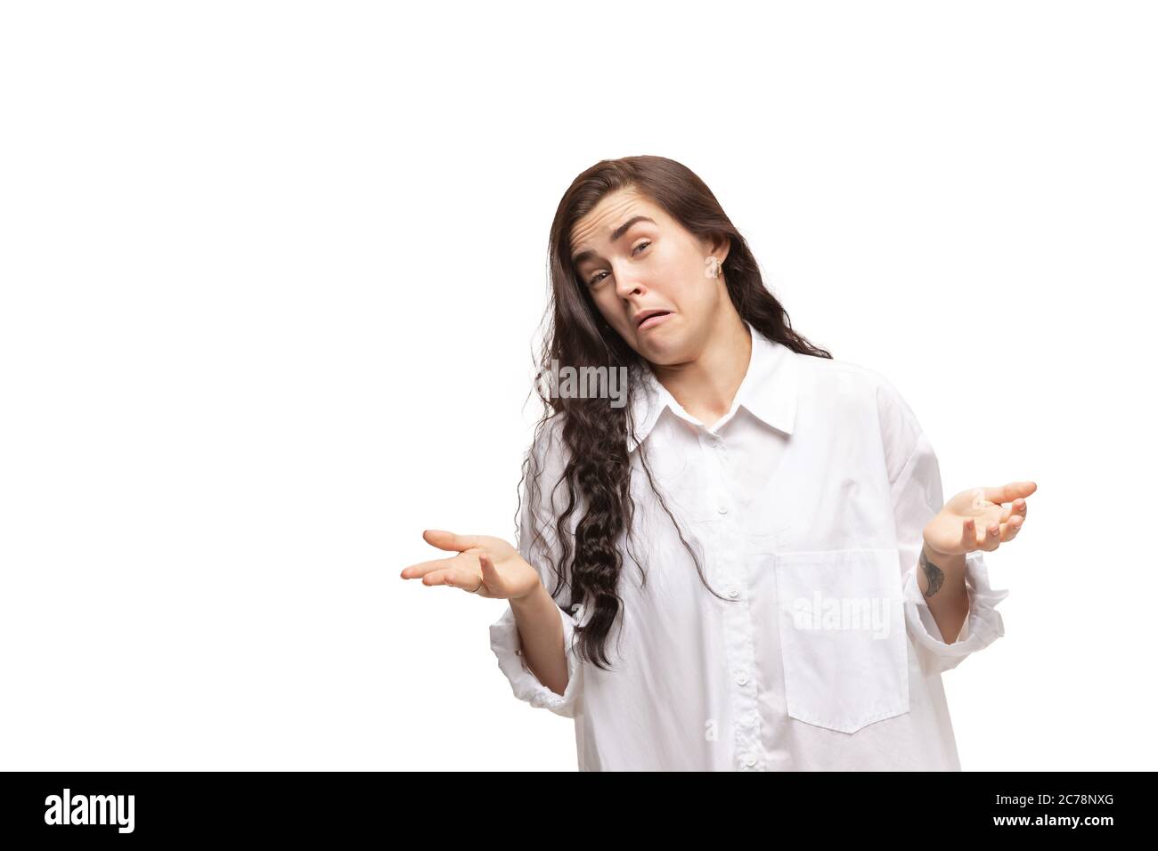 Whatever. Young caucasian woman with funny, unusual popular emotions ...