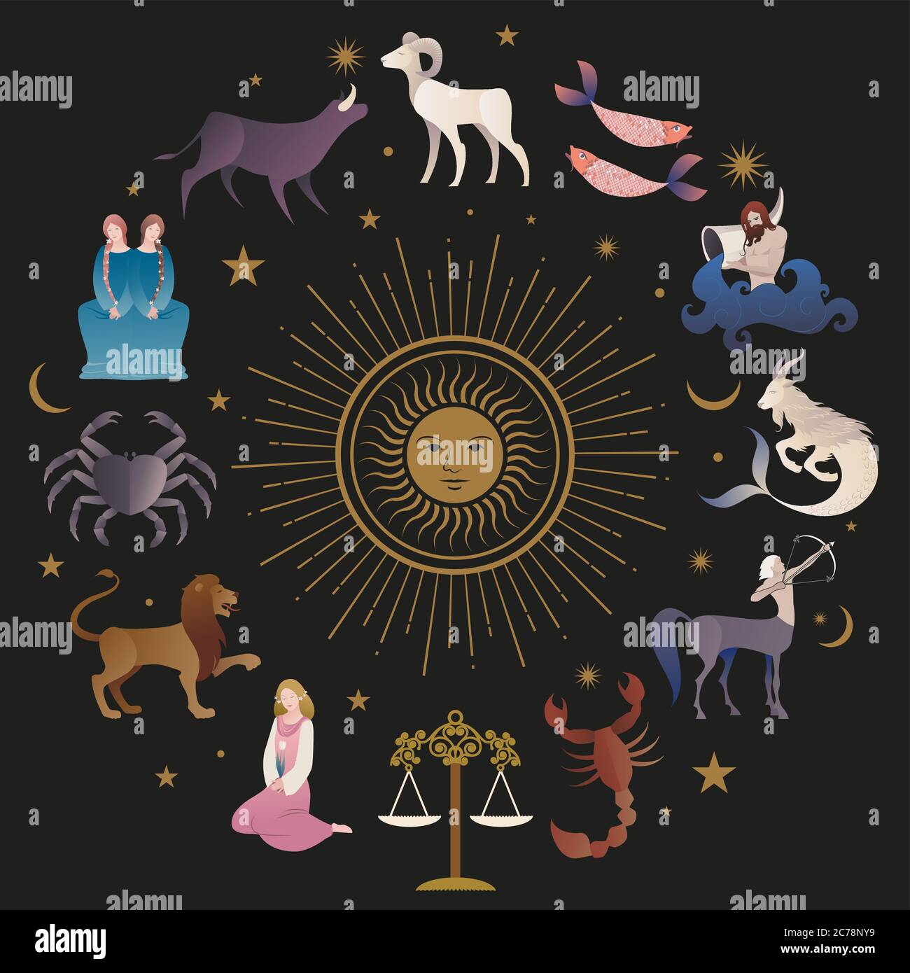 Illustrations of zodiac signs collections, medieval style, on starry ...