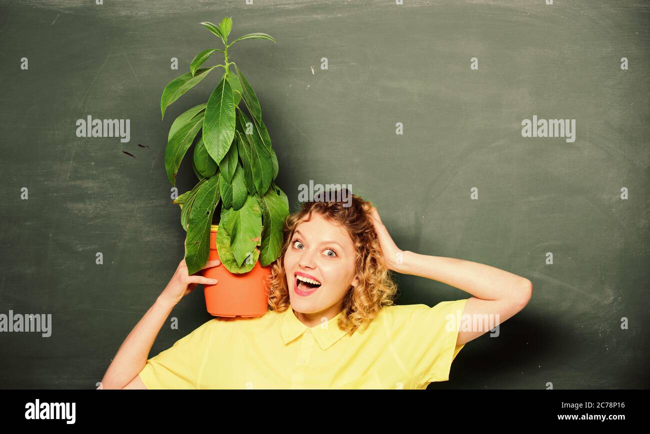 happy student girl with plant at blackboard. tree of knowledge. school ...