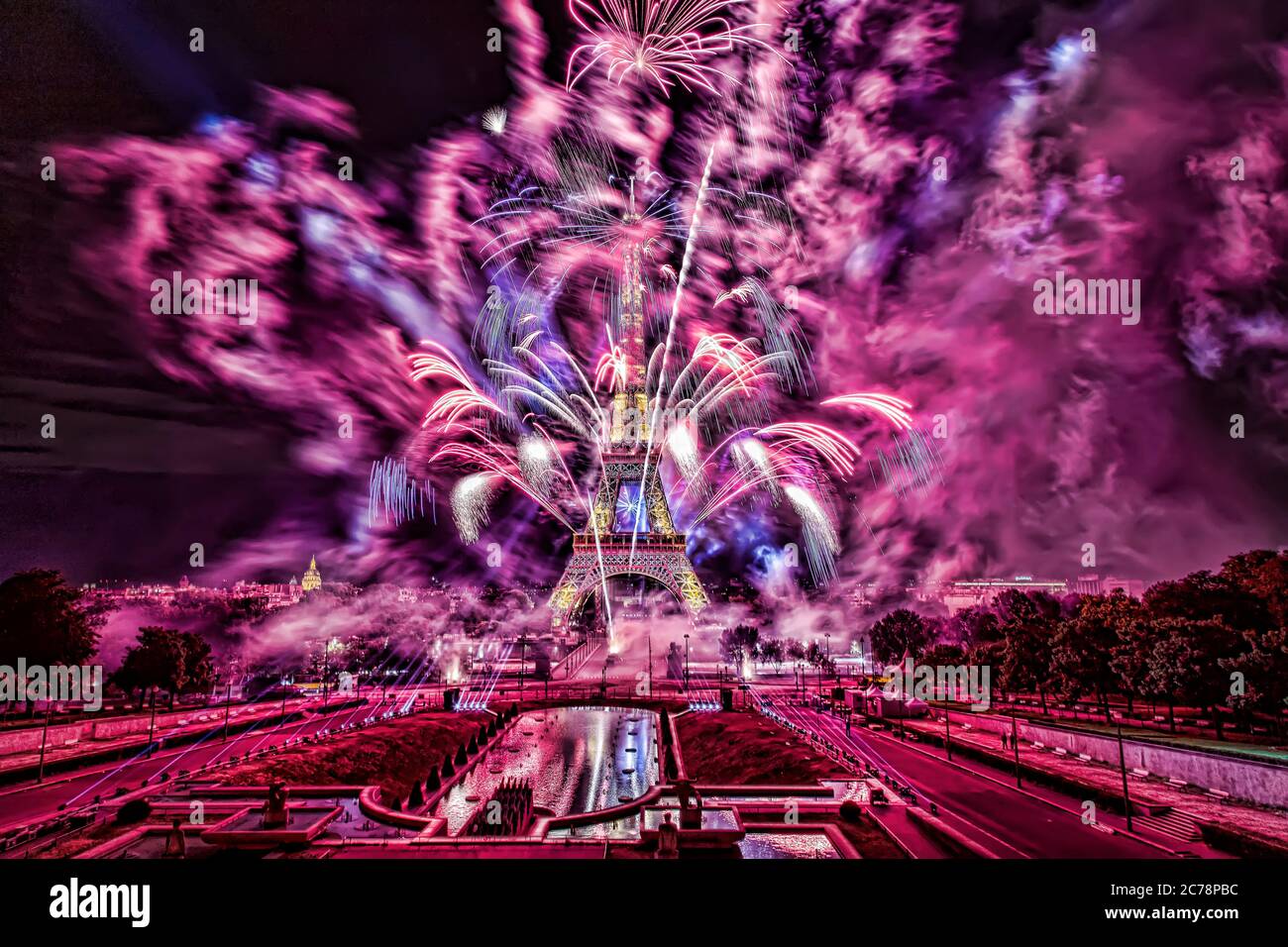 Paris, France. 14th July, 2020. Night scene of fireworks at Eiffel ...