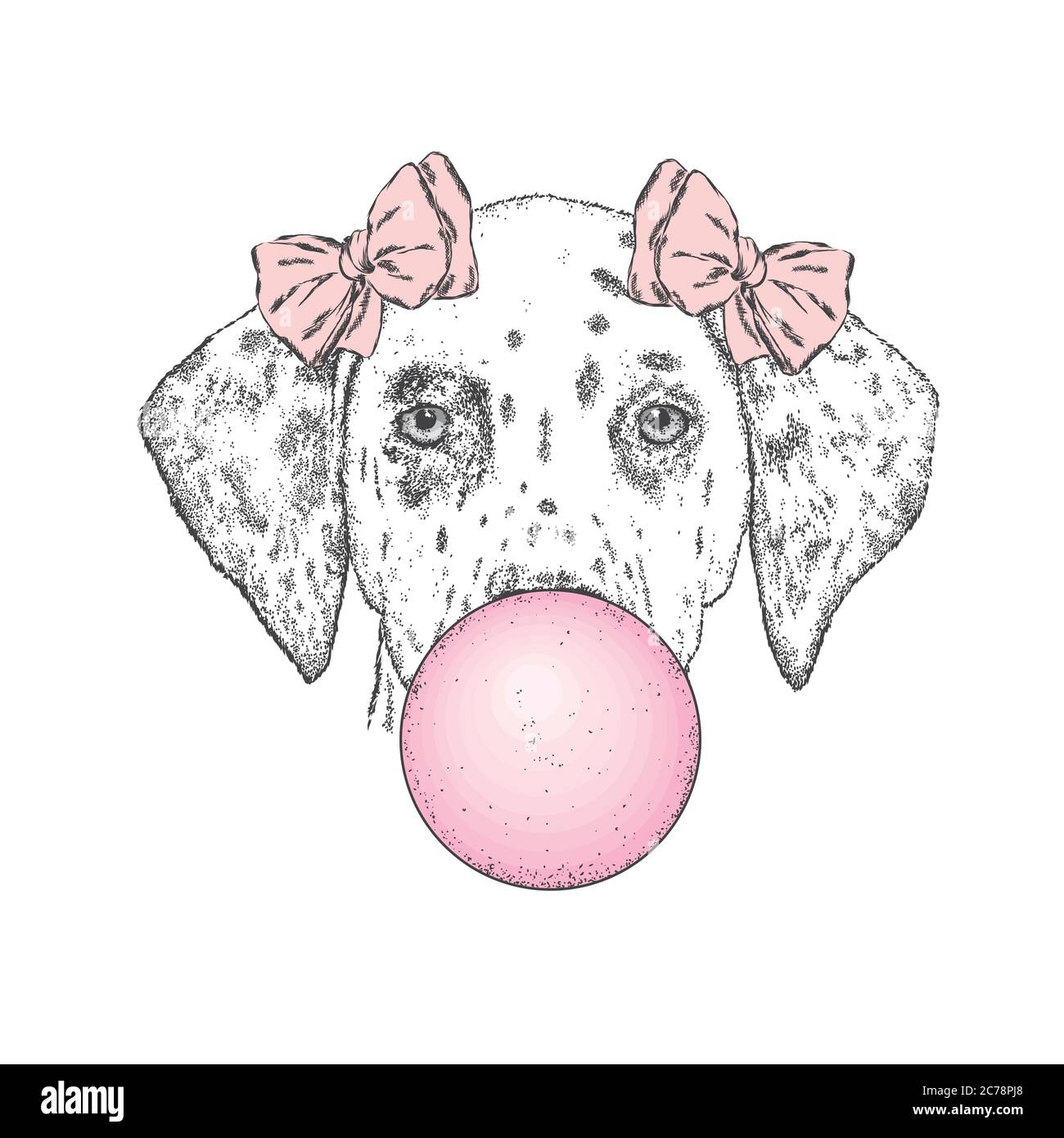 A beautiful puppy with a pink bow and inflated chewing gum. Vector dog ...