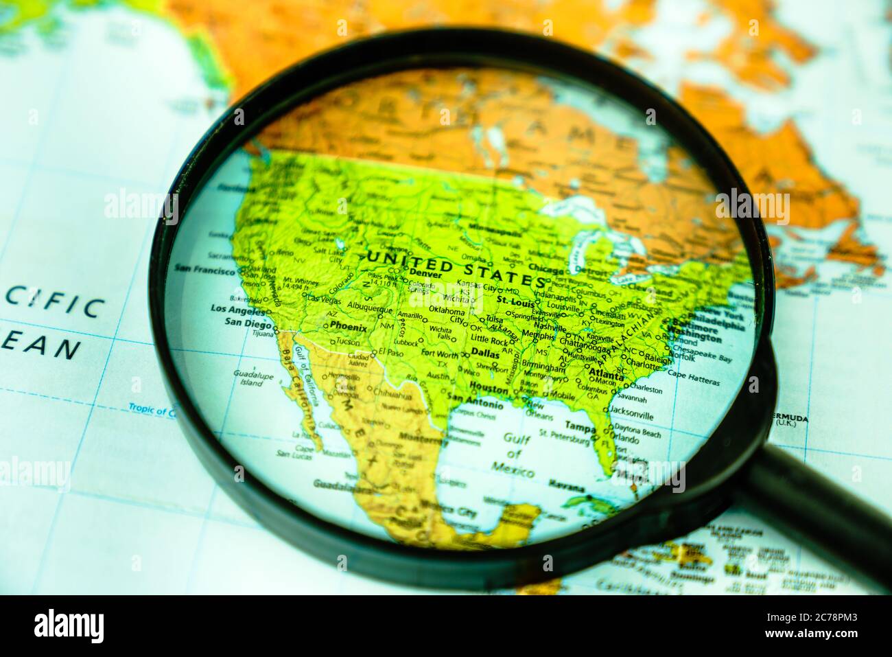 World map - loupe close up of USA Stock Photo - Alamy