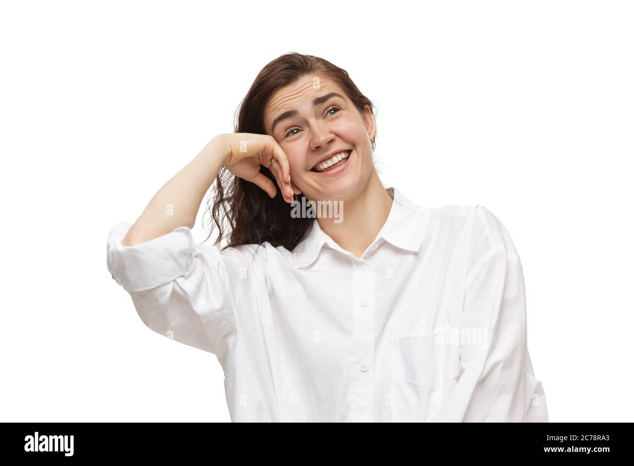 Laughting. Young caucasian woman with funny, unusual popular emotions ...