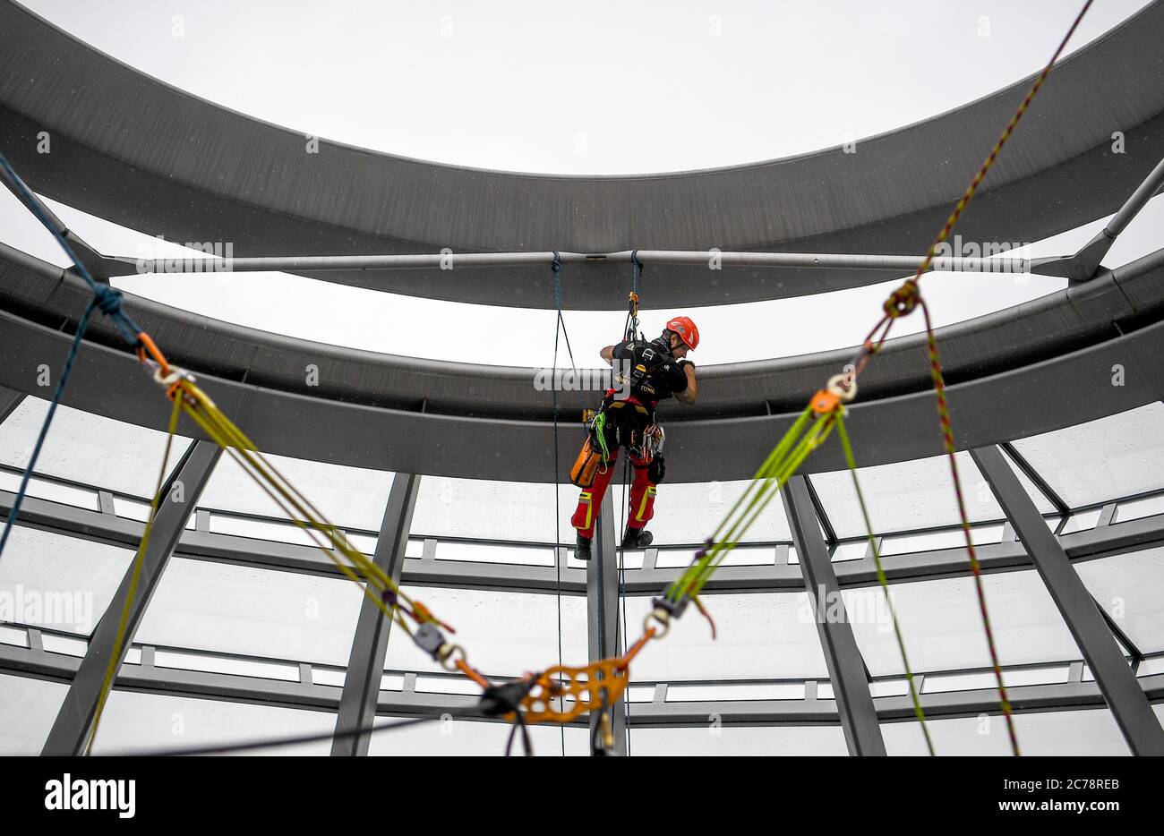 Berlin, Germany. 15th July, 2020. A height rescuer of the fire brigade ...