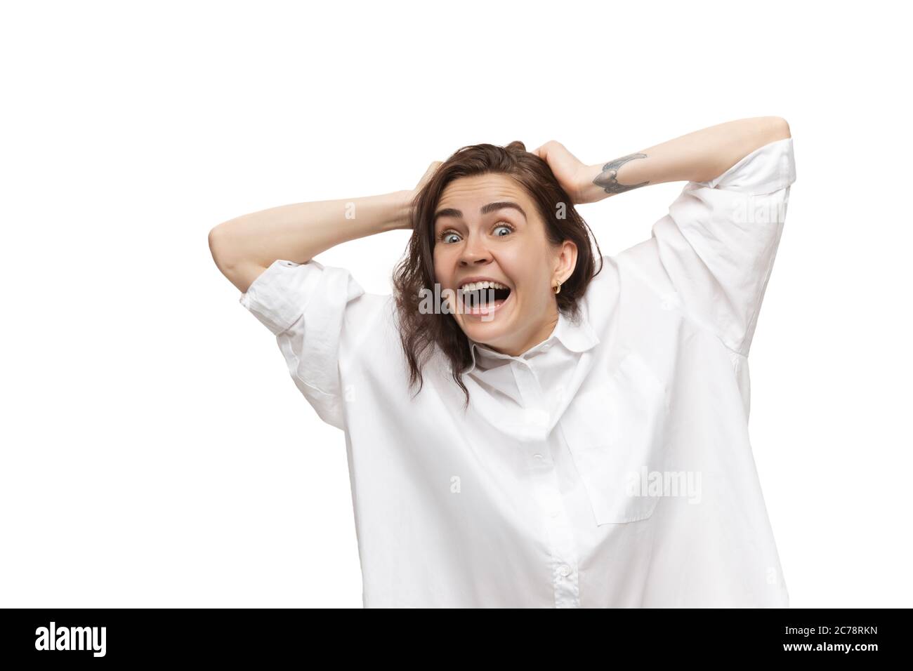 Going crazy. Young caucasian woman with funny, unusual popular emotions ...