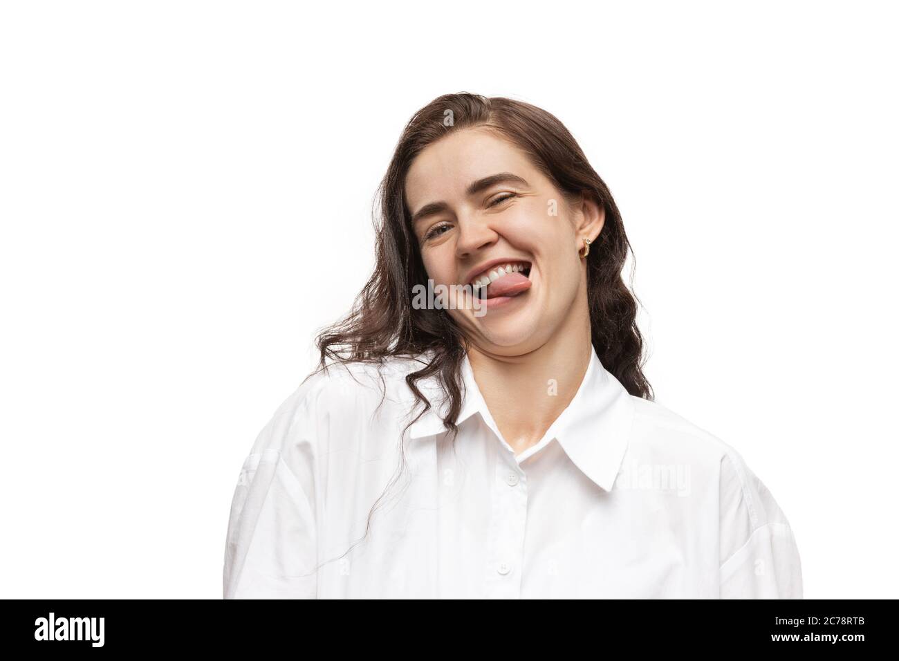 Flirting. Young caucasian woman with funny, unusual popular emotions ...