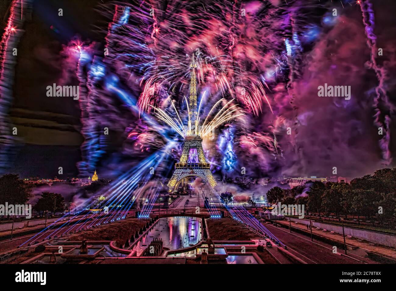 Paris, France. 14th July, 2020. Night scene of fireworks at Eiffel ...