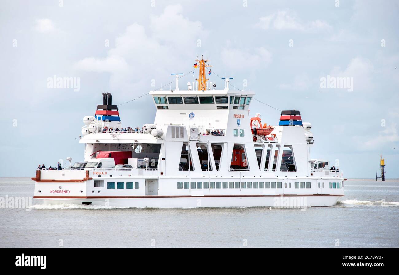15 July 2020, Lower Saxony, Norderney: A ferry of the shipping company ...