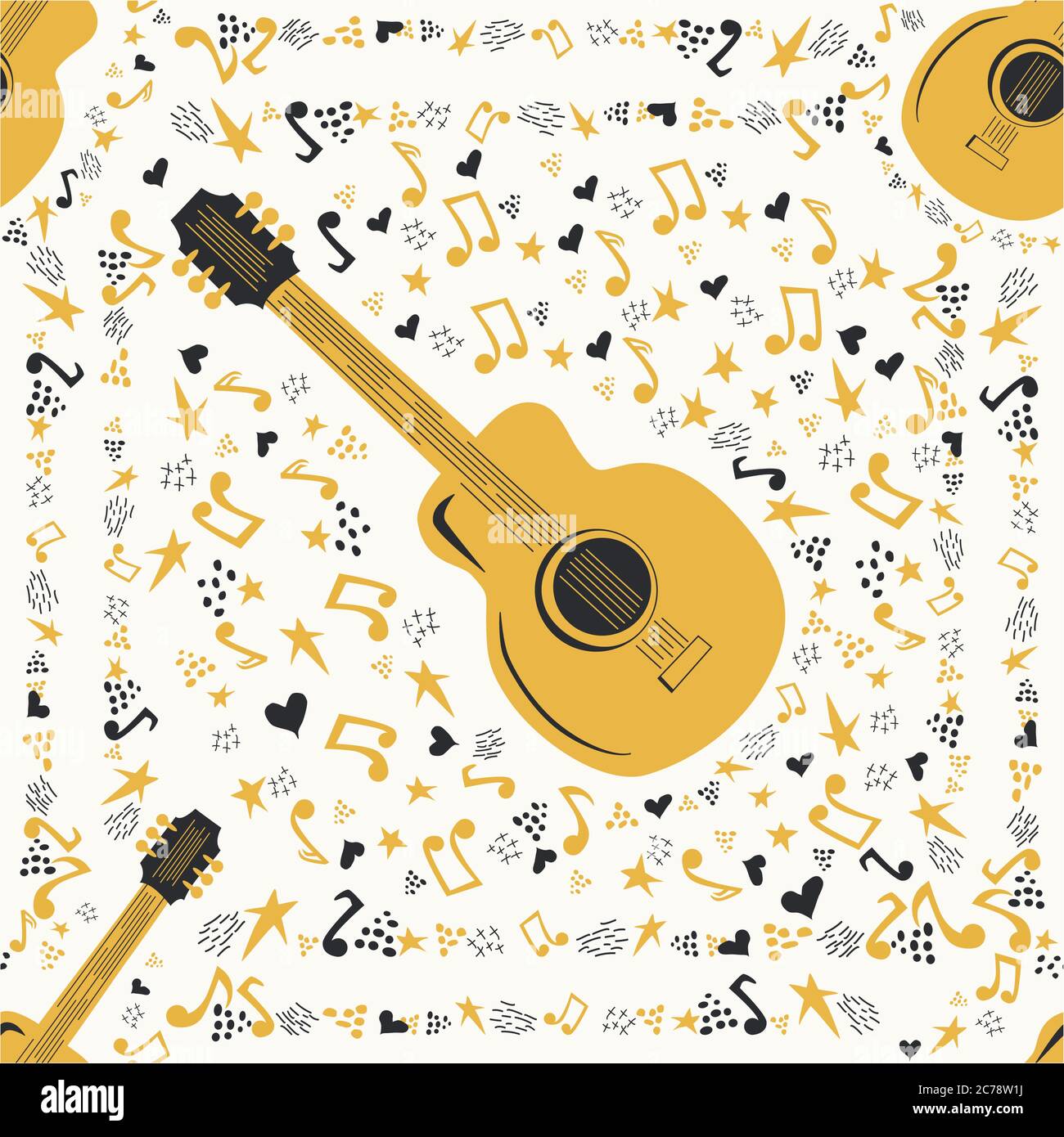 Musical seamless pattern with music notes, guitar. Hand-drawn country ...