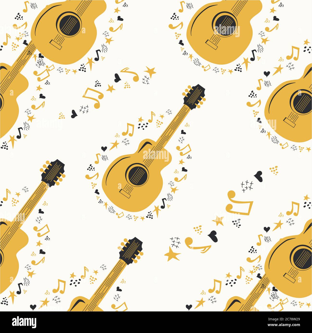 Hand-drawn musical seamless pattern with country guitar, stars, notes ...