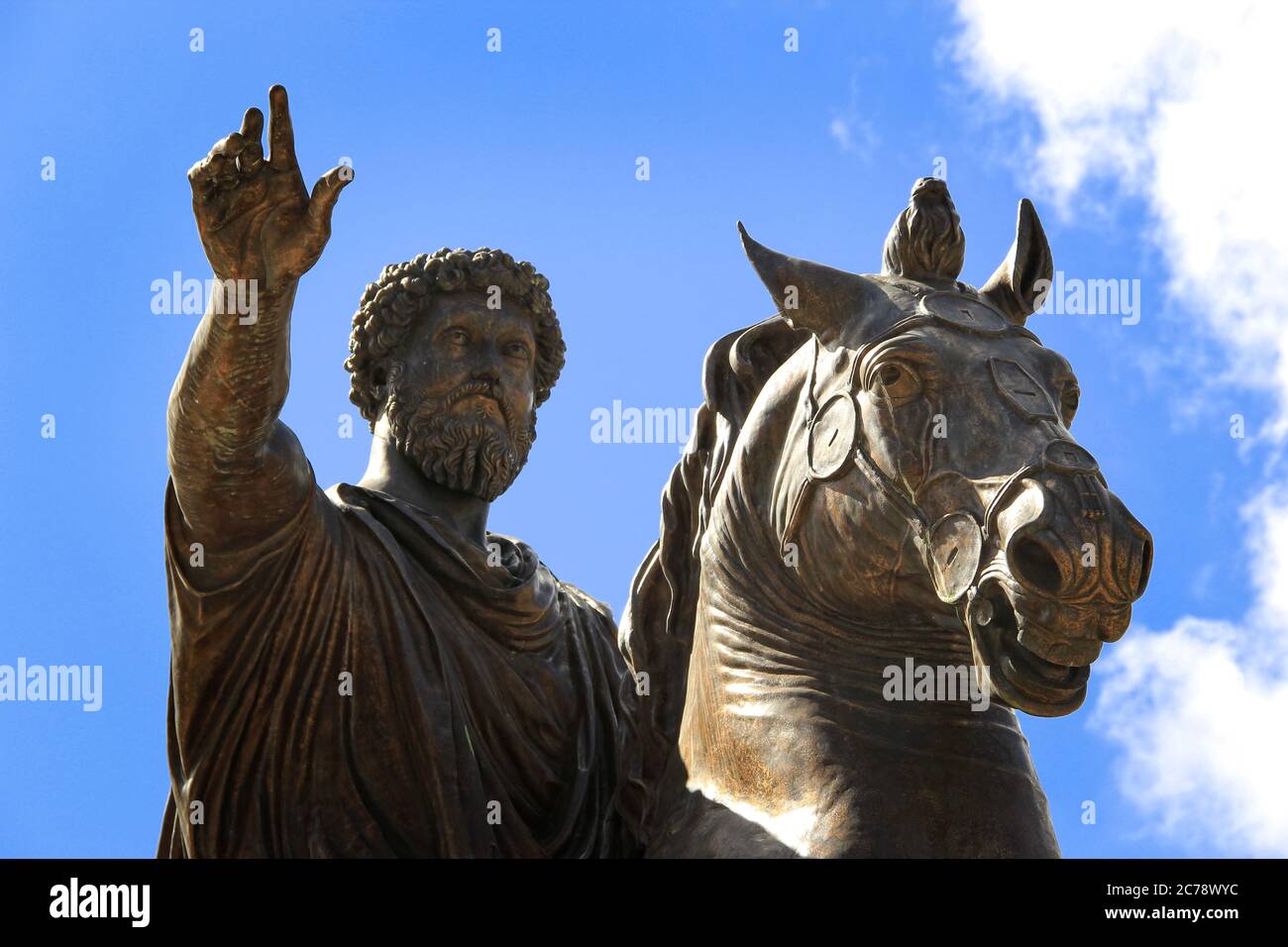 Bronze Roman equestrian statue of Emperor Marcus Aurelius, against the ...