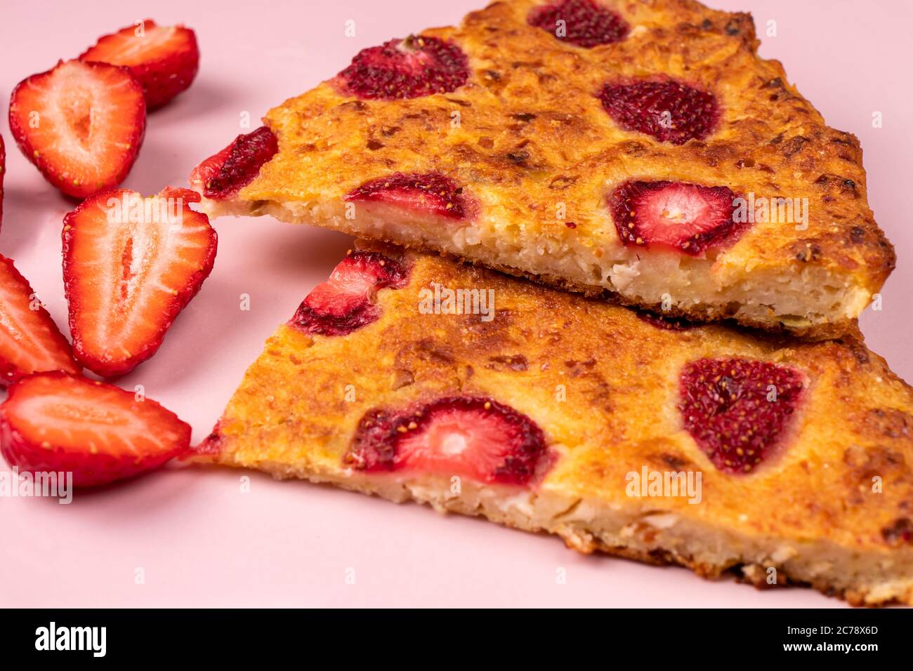 Sweet rice flour cake with strawberries. Homemade baking Stock Photo ...