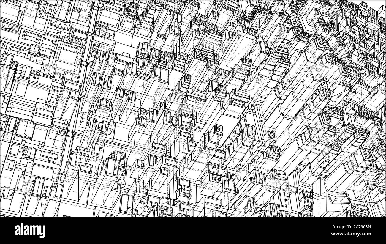 Wire-frame Twisted City, Blueprint Style Stock Photo - Alamy