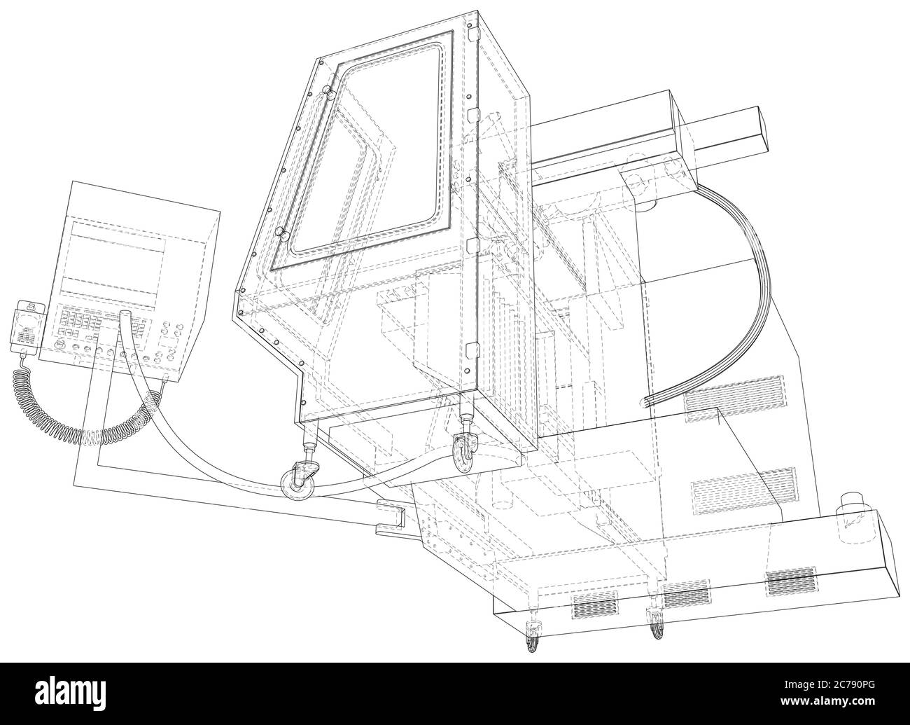 CNC lathe machine in outline style. Wire-frame line isolated. Vector ...