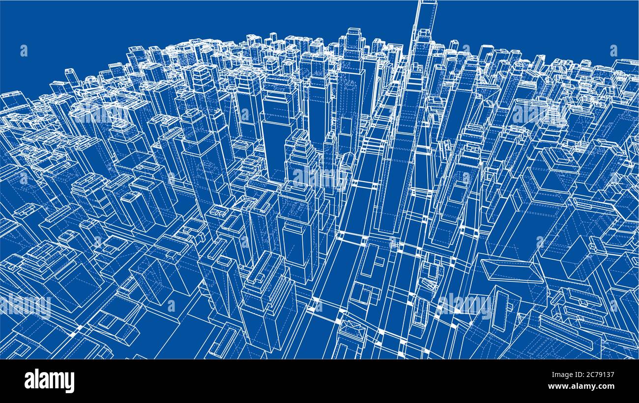 Wire-frame Twisted City, Blueprint Style Stock Photo - Alamy