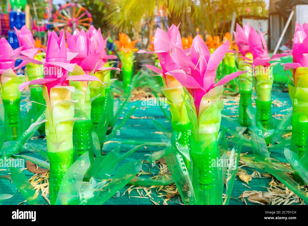 Recycled colorful plastic flowers made from plastic bottles to decorate ...