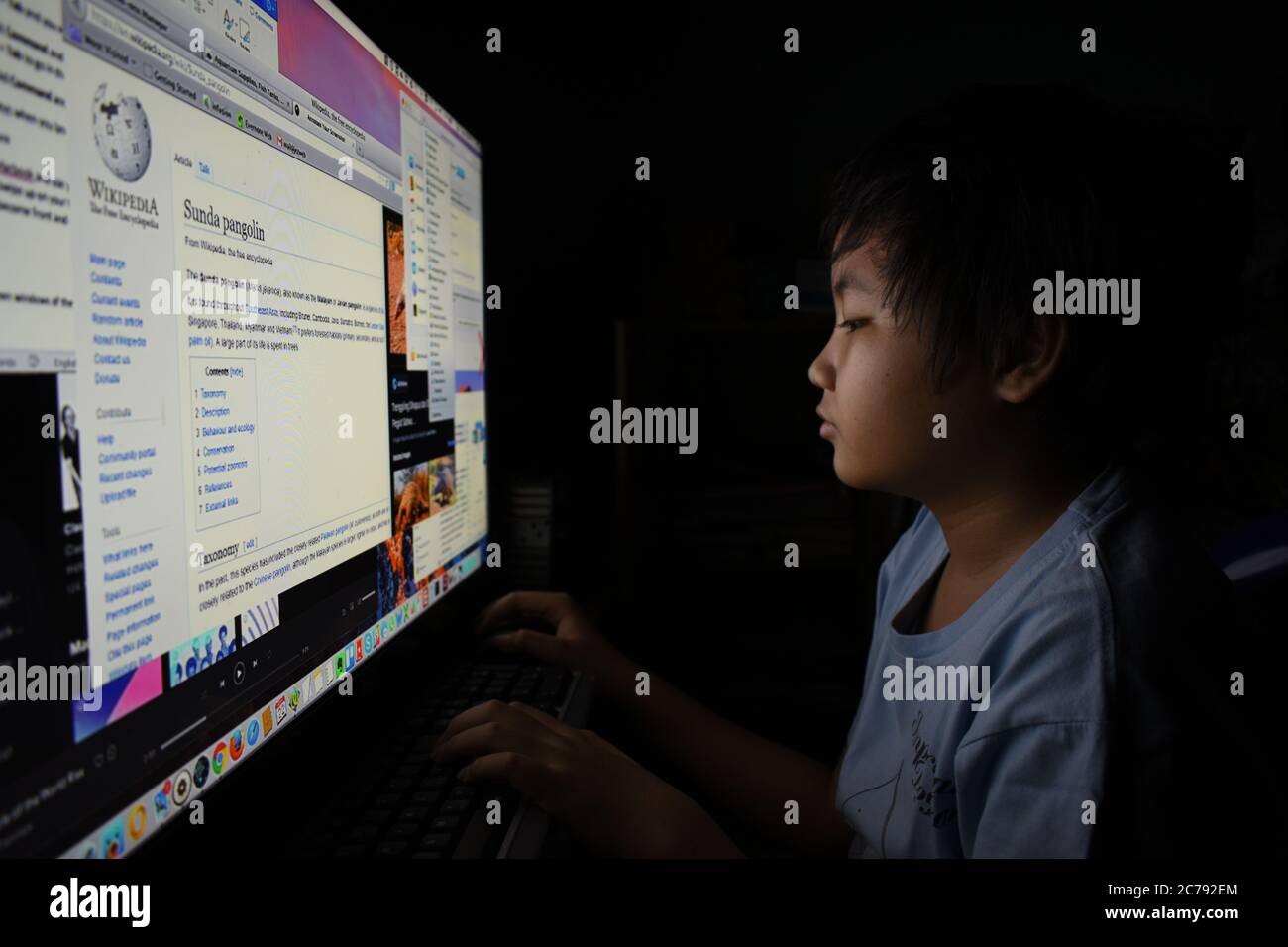 A boy in front of wide screen monitor, learning at home concept Stock ...