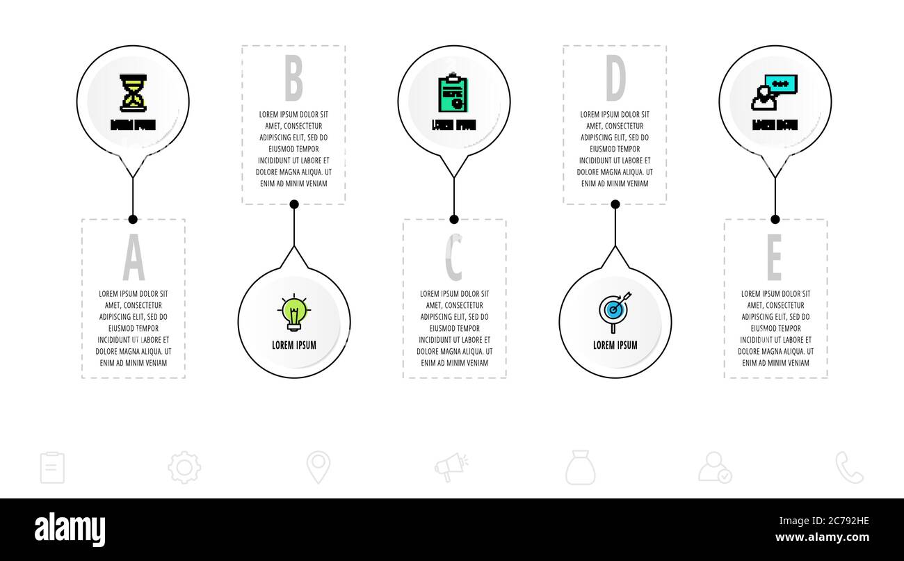 Infographics circles with 5 steps, labels. Flat line vector template. Can be used for five ...