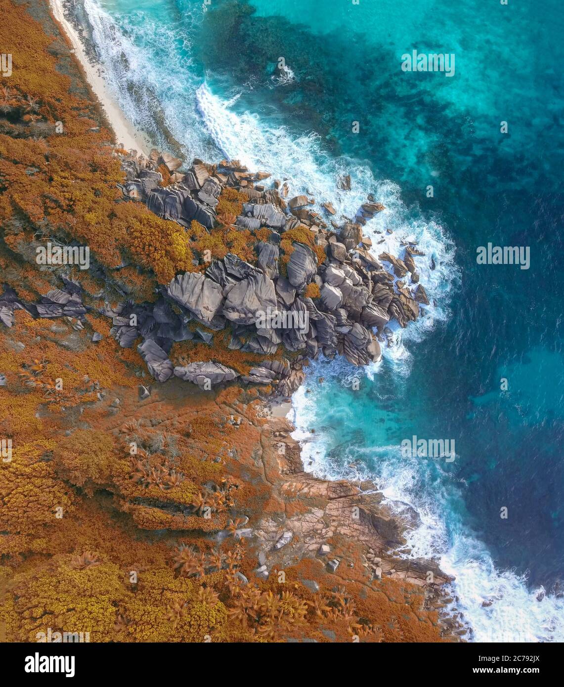 La Digue, Seychelles Island. Amazing aerial view of beach and ocean ...