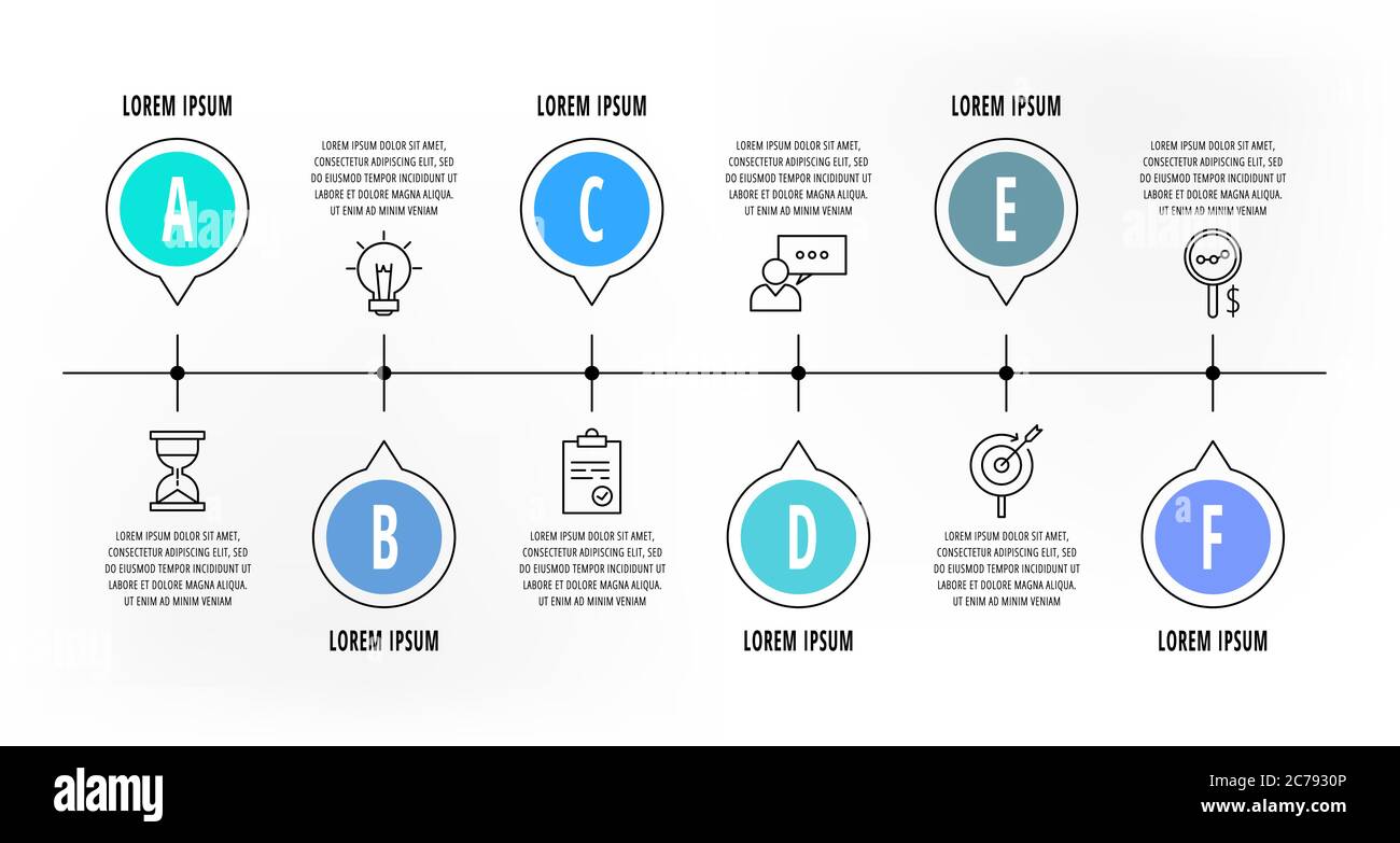 Infographics circles with 6 steps, icons. Flat line vector template. Can be used for six ...