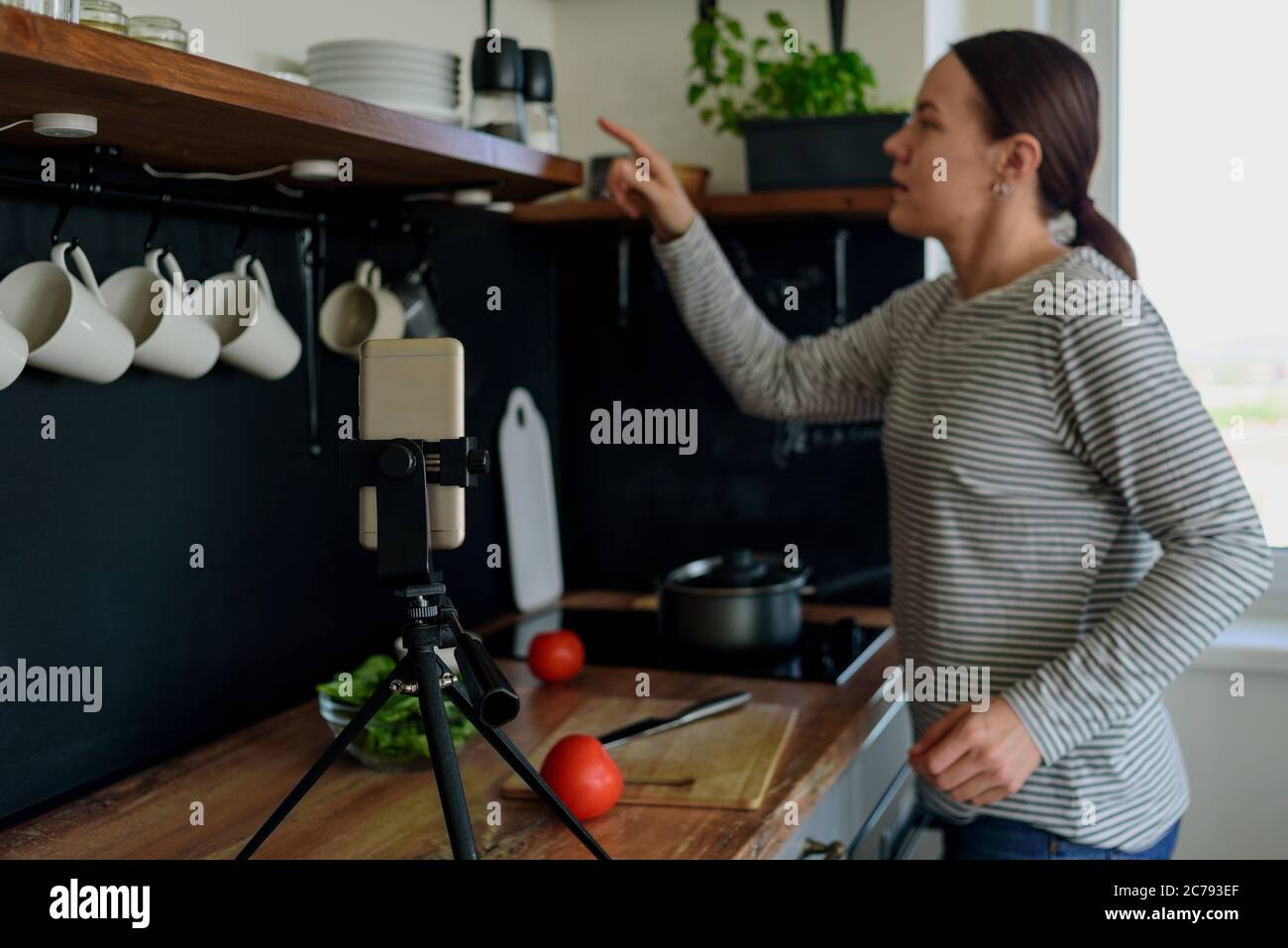 Woman cooking and online video streaming. Vlogger, food blogger Stock ...