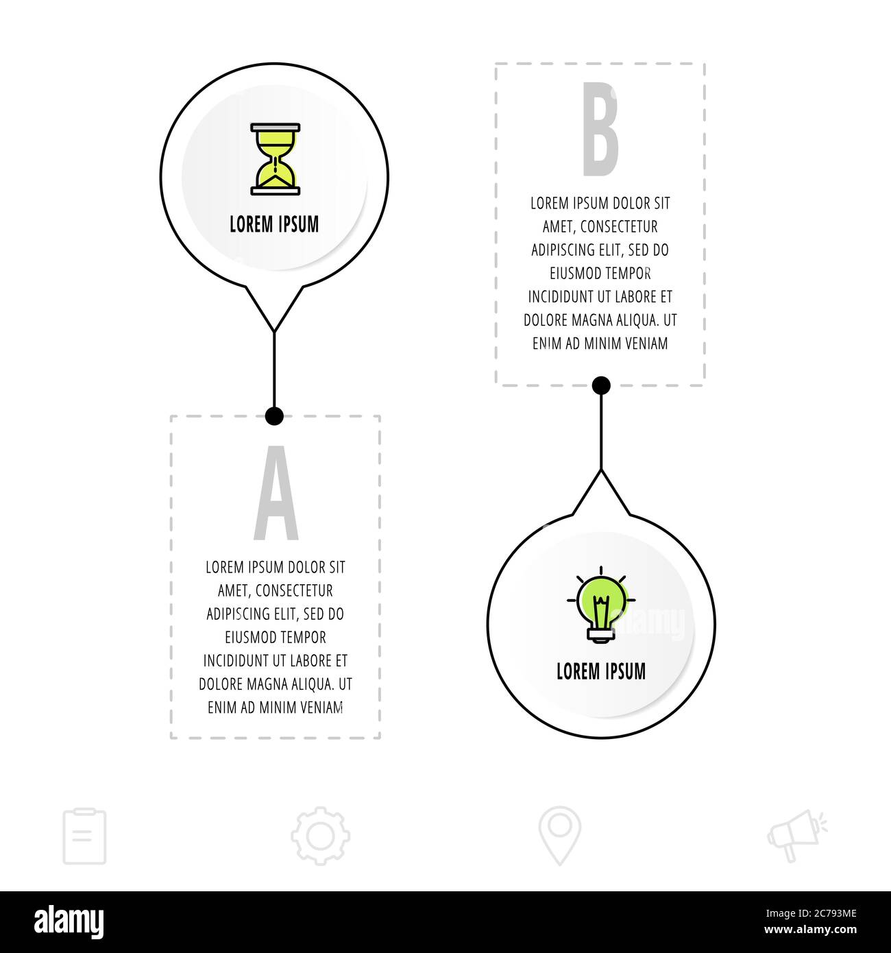 Infographics circles with 2 steps, labels. Flat line vector template. Can be used for two ...