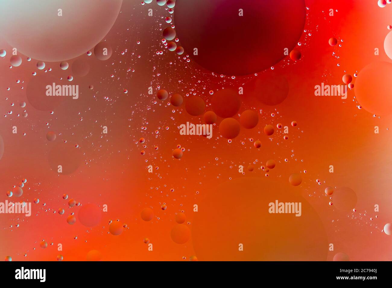 Studio abstract image of oil drops on water over a colourful red ...