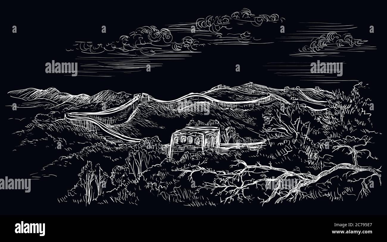 Sketch of the Great Wall of China, landmark of China. Vector hand ...