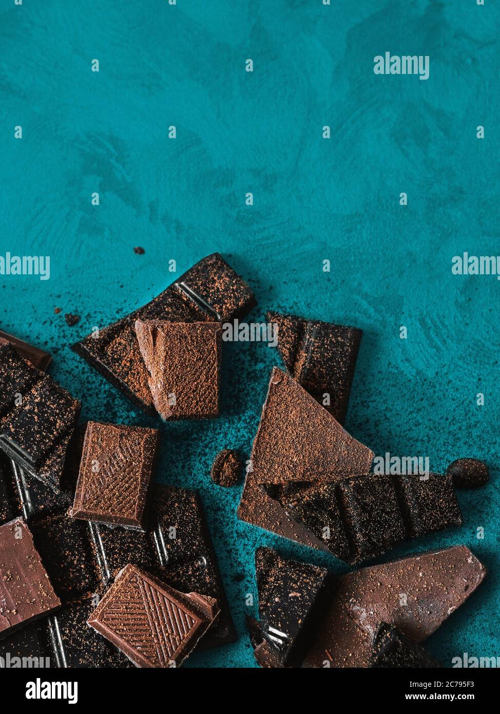 Chocolate bar pieces Top view photo with copy space Crushed chocolate ...