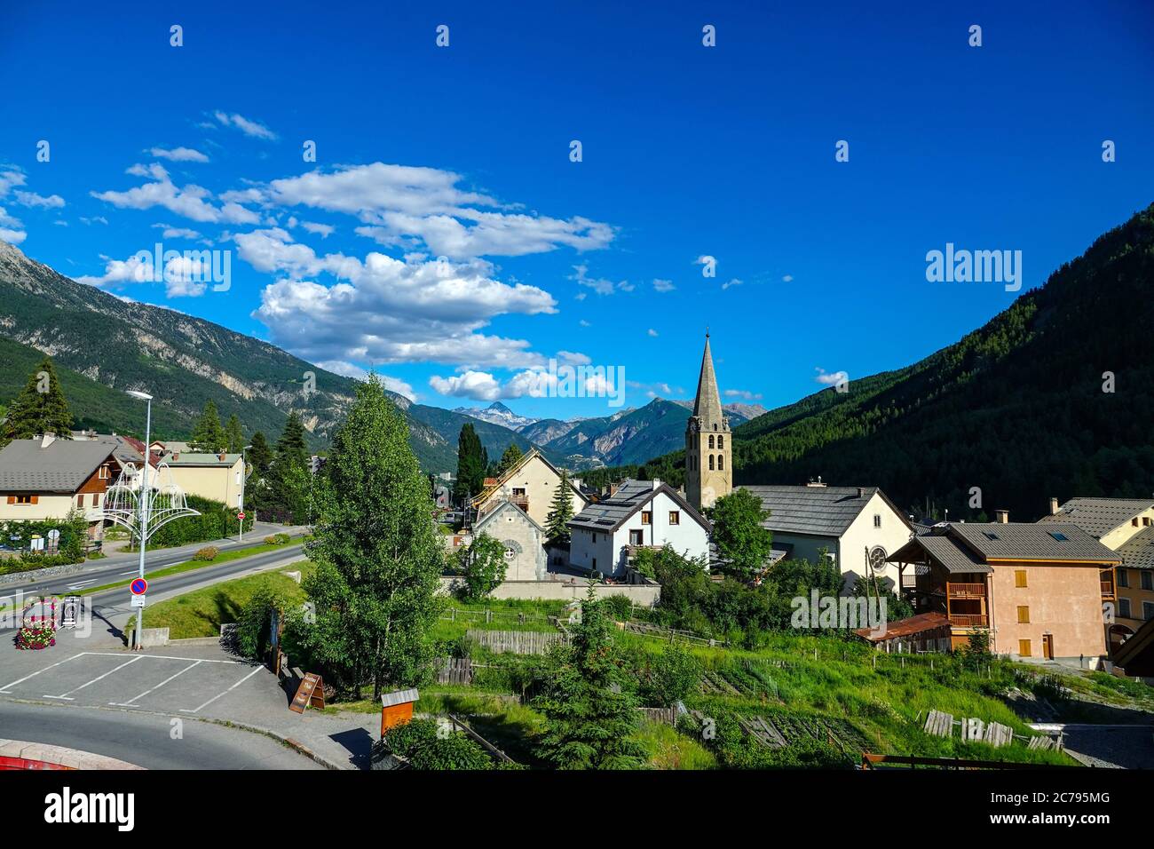 Church and houses in the skiing village of Chantemerle, near Briancon ...