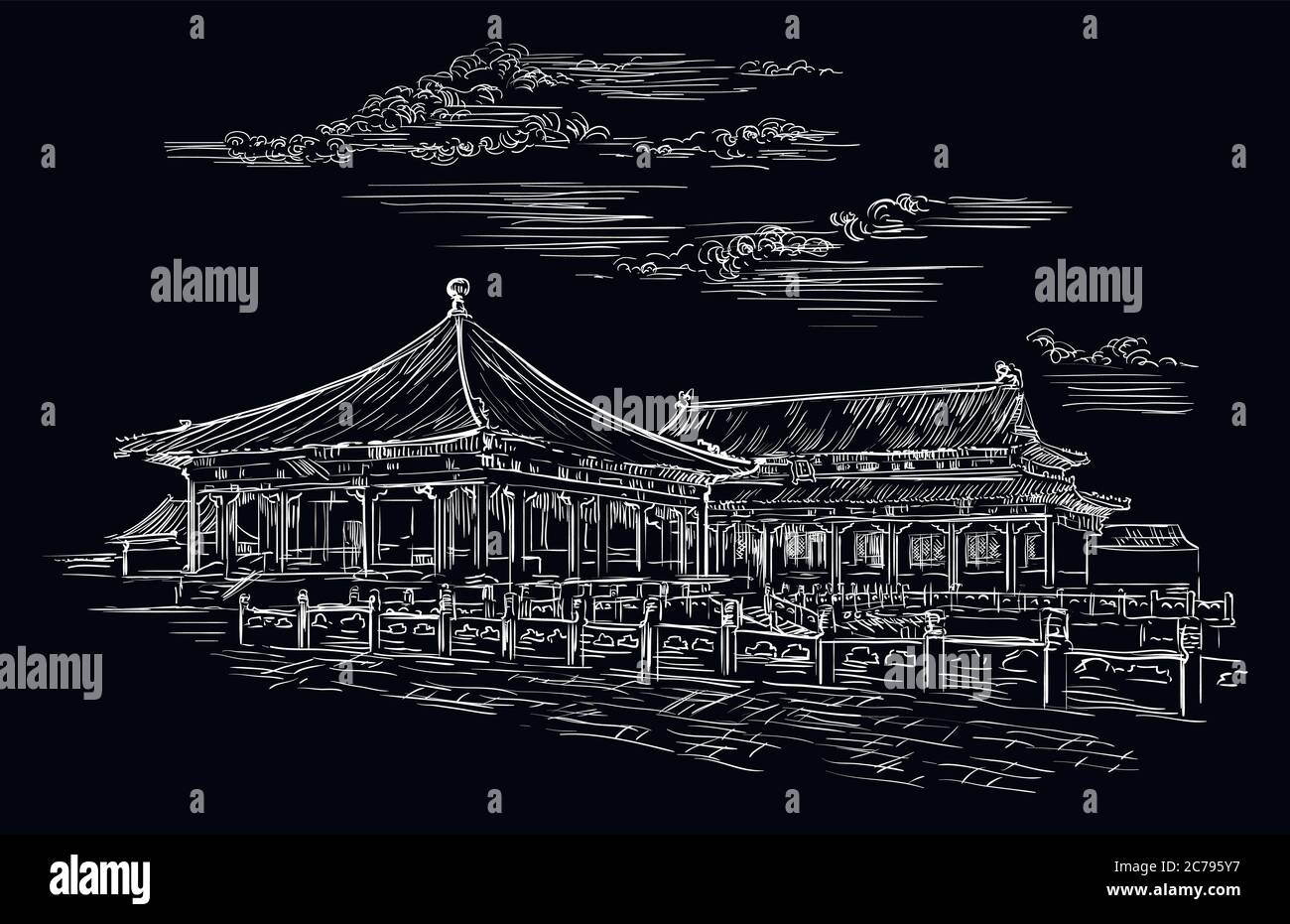 Forbidden city in Beijing, landmark of China. Hand drawn vector sketch ...