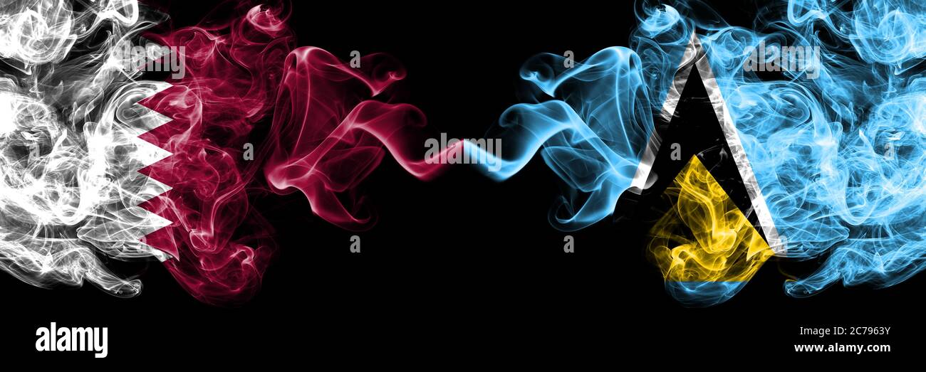 Qatar vs Saint Lucia smoky mystic flags placed side by side. Thick ...