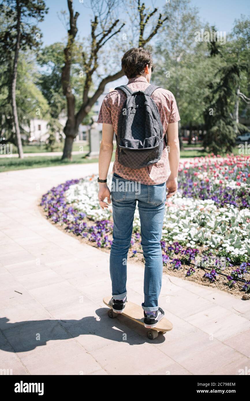 Back view of man skateboarding in park during sunny day Stock Photo - Alamy