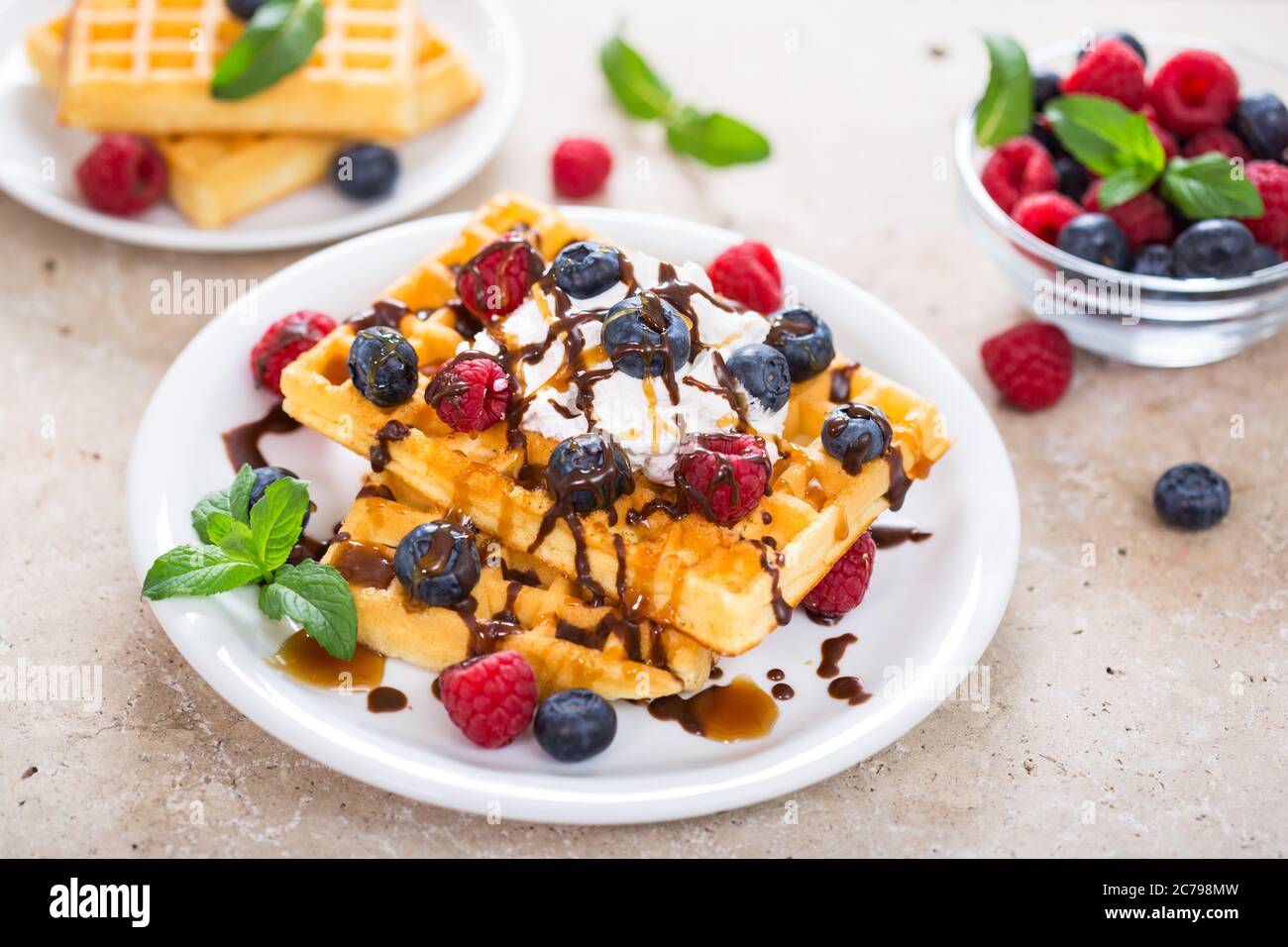 Belgian waffles raspberries chocolate hi-res stock photography and ...