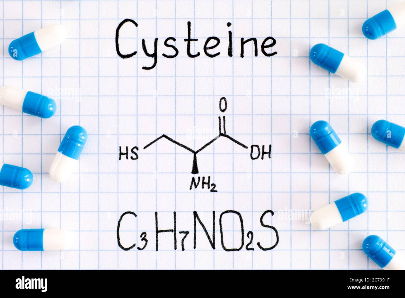 Chemical formula of Cysteine with some pills. Close-up Stock Photo - Alamy