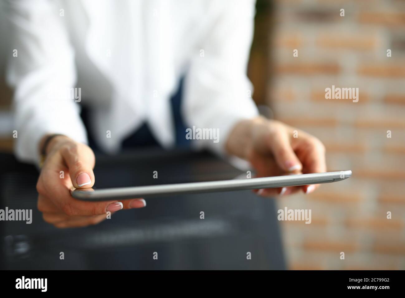 Fresh french tips on hands Stock Photo - Alamy