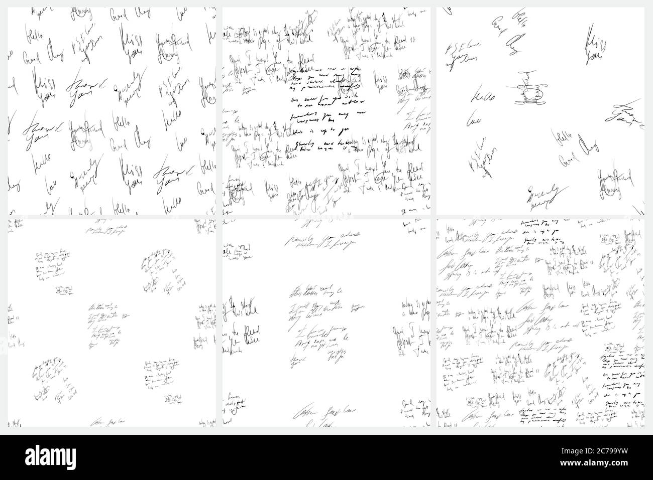 Seamless abstract text pattern set. Handwritten font on a white ...