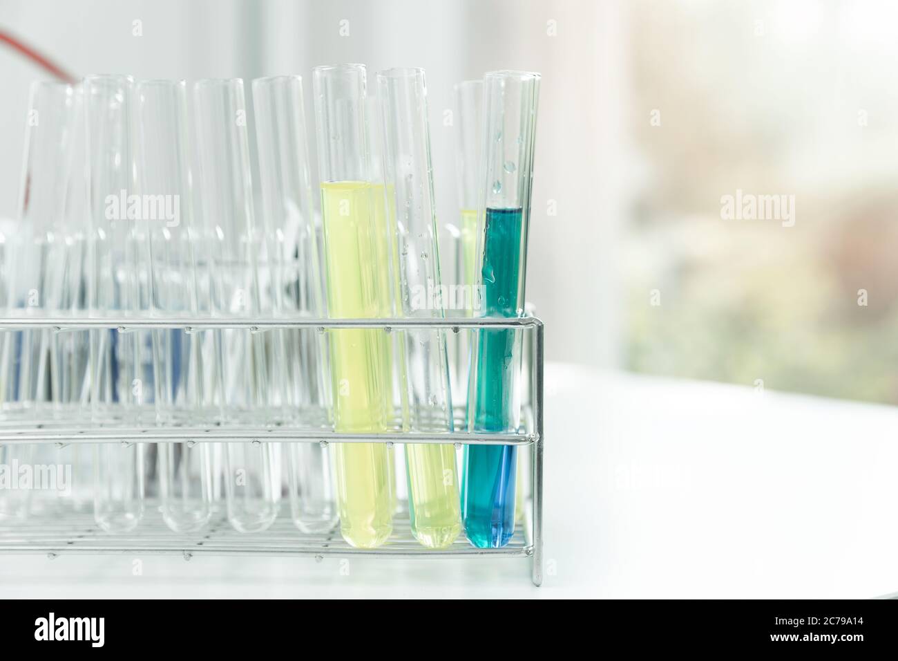 Several chemical solution in flask. Laboratory glassware. Stand with ...