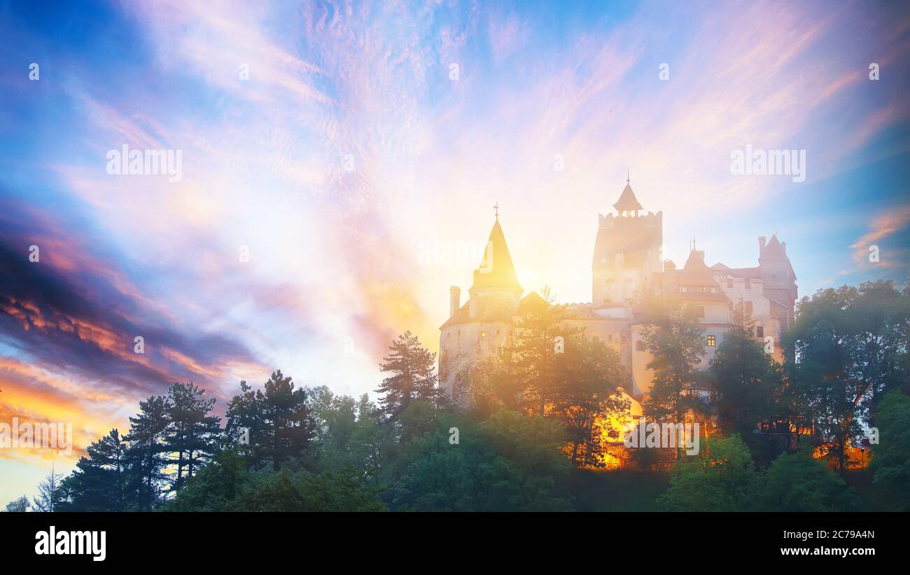 Landscape with medieval Bran castle known for the myth of Dracula at ...