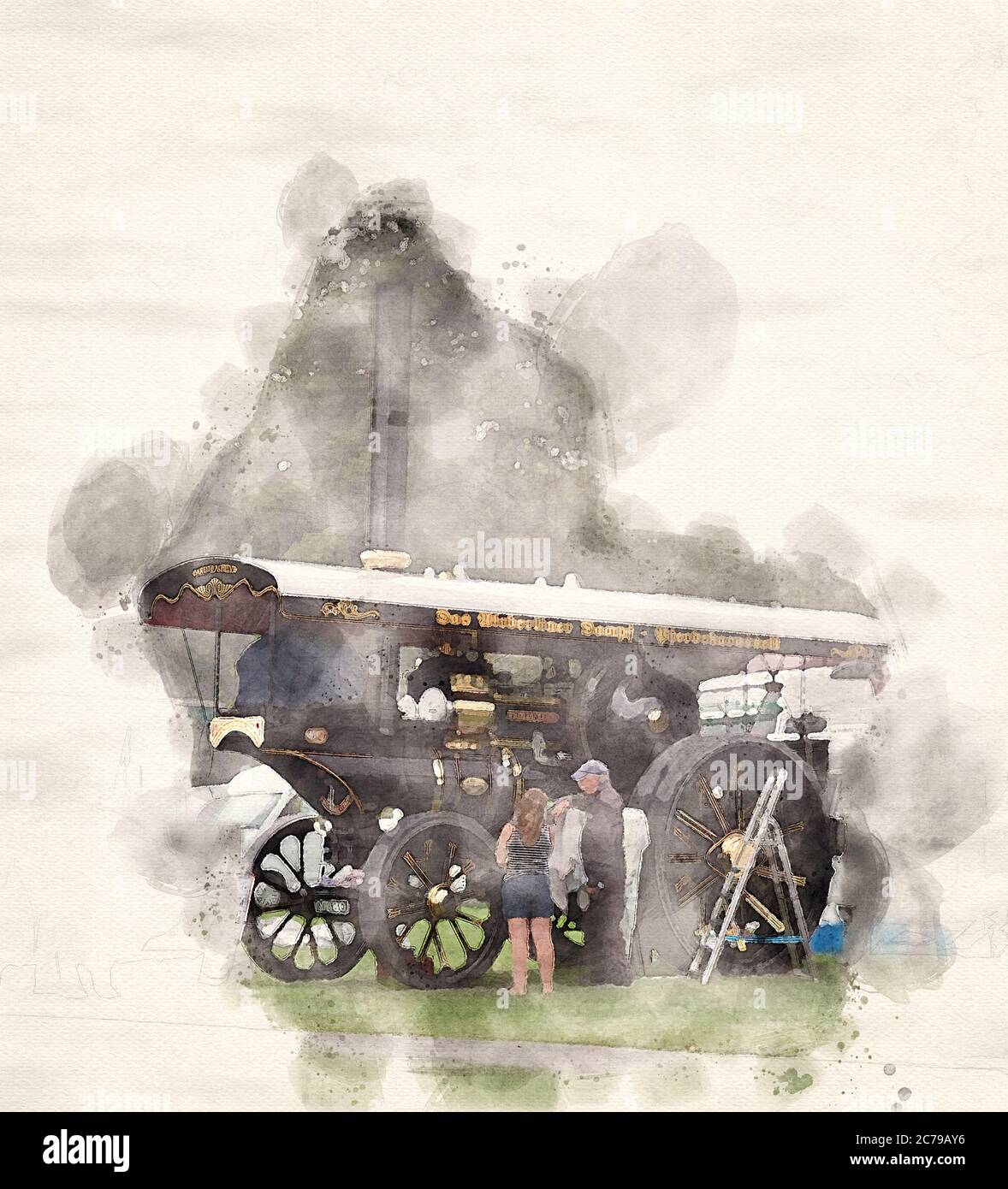 Watercolour painting of a showman's traction engine Stock Photo - Alamy