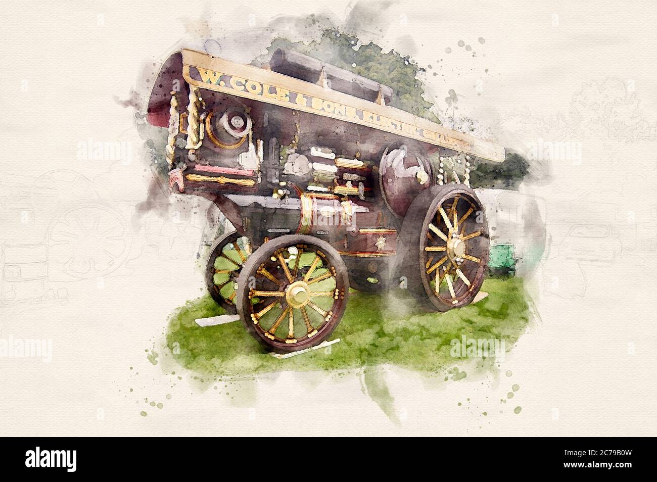 Watercolour painting of a showman's traction engine Stock Photo - Alamy