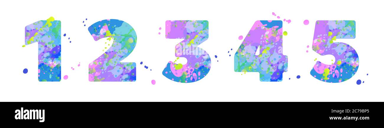 Numbers 12345 with effect of liquid spots of paint in blue, green, pink ...
