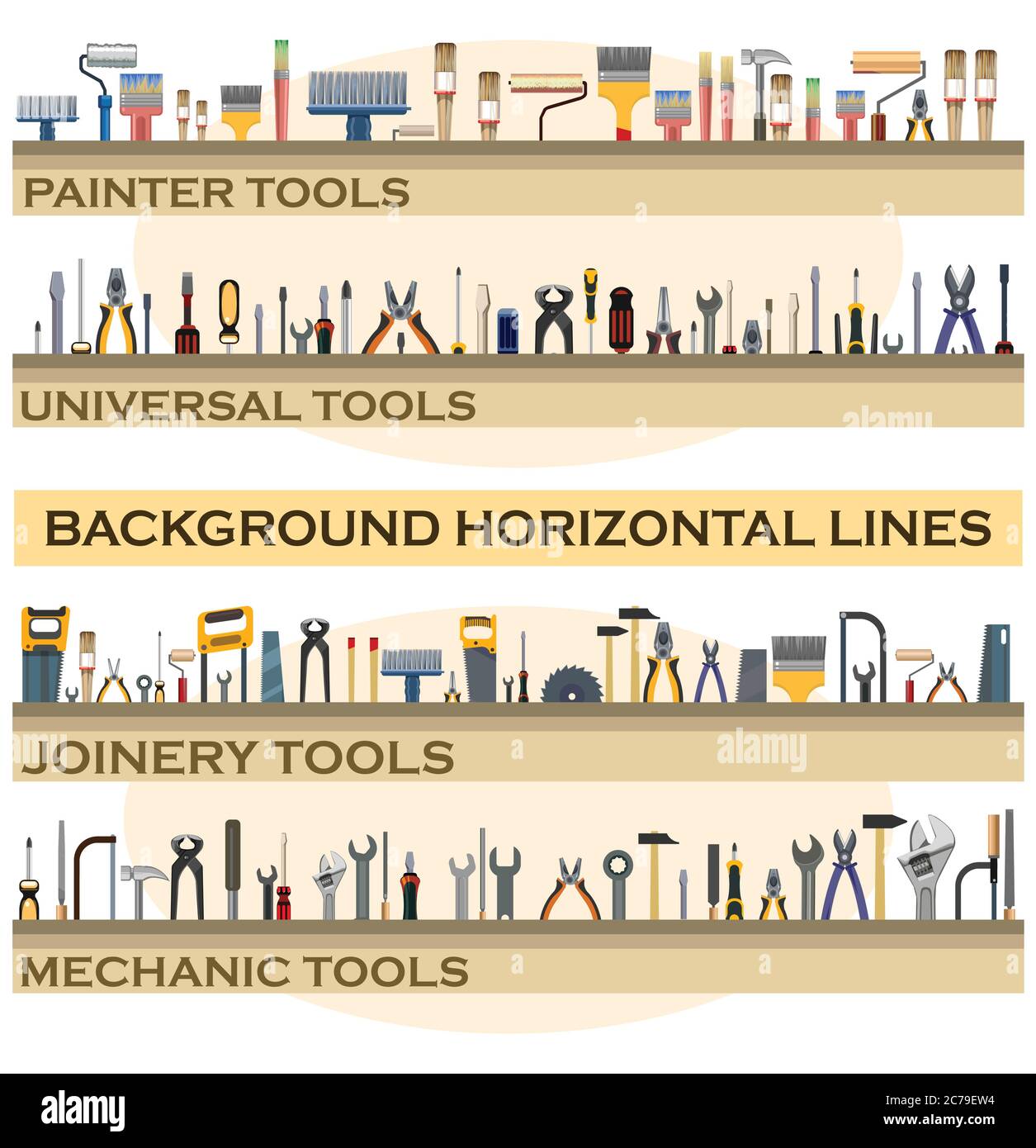 Tools. Set. The background is horizontal. Lower. Screwdrivers, hammers ...