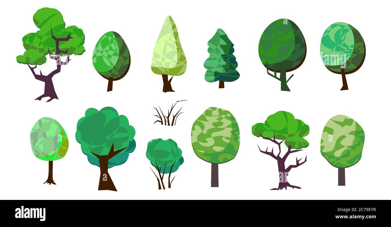 Set of trees. Vector. Summer trees in cartoons flat style. Isolated ...