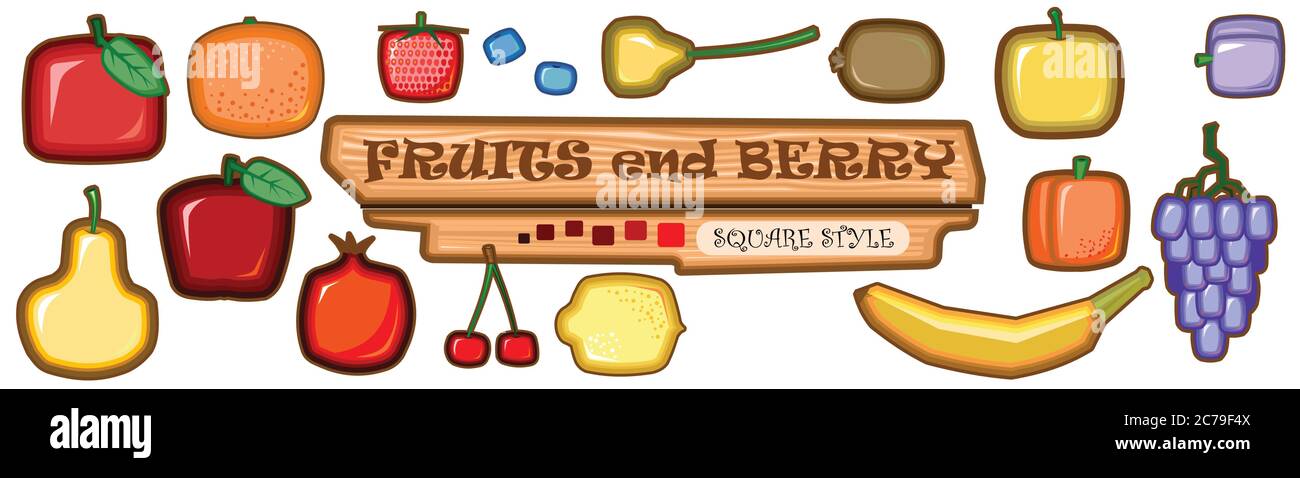 Set of fruits and berries. Vector. Cartoon square fruits: apples ...