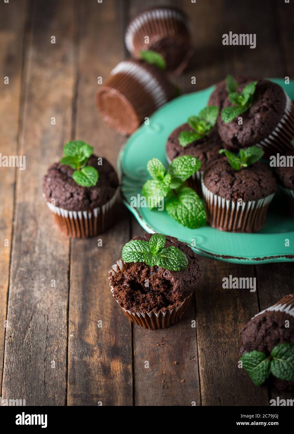Chocolate muffins with mint Stock Photo - Alamy