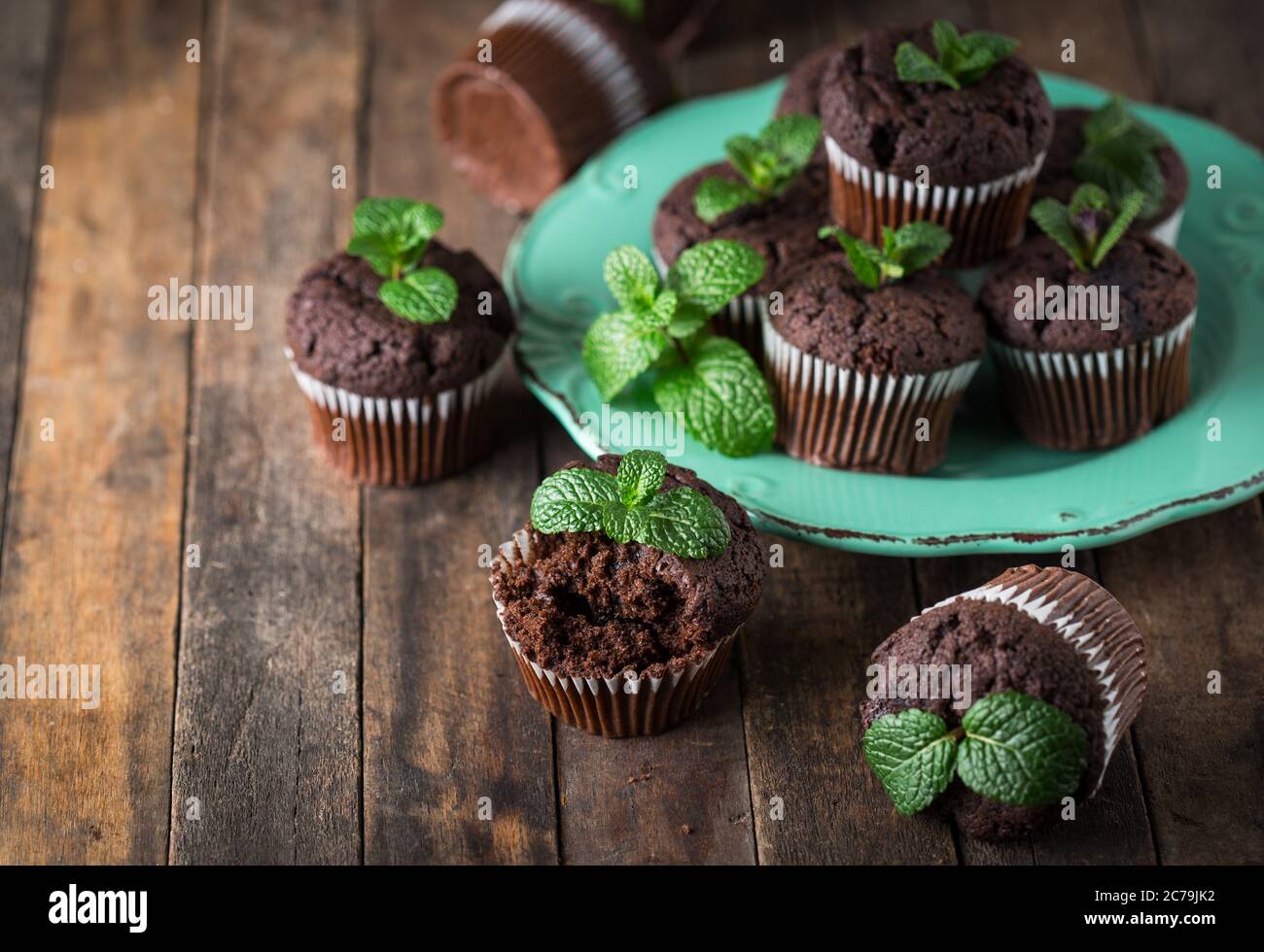 Chocolate muffins with mint Stock Photo - Alamy