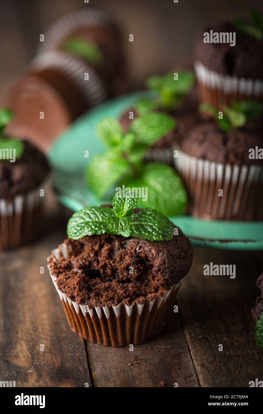 Chocolate muffins with mint Stock Photo - Alamy